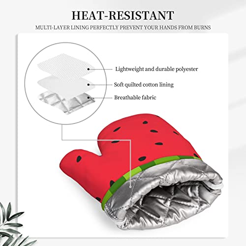1 Pair Thickened Cartoon Watermelon Kitchen Silicone Oven Mitts, Summer Fruit Waterproof Polyester Pot Holder Gloves for Grilling Microwave