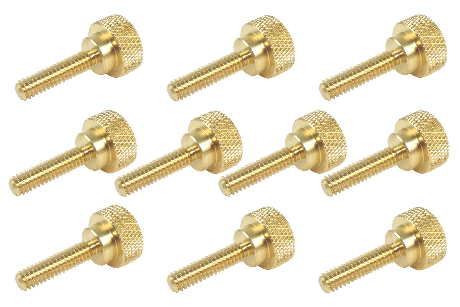10 Pack 1/4-20 x 1 Inch Threads Solid Brass Diamond Knurled Thumb Screws Knobs with Straight Shoulders Right-Hand Threads SAE Flat Tip Uncoated (1/4-20 x 1 inch Long Threads)