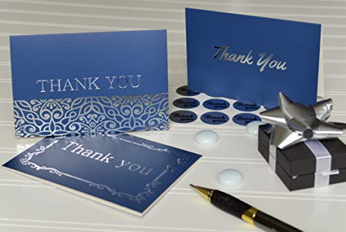 120 Thank You Cards in Navy Blue with Envelopes & Stickers - Elegant 6 Designs Bulk Notes Embossed with Silver Foil Letters for Wedding, Formal, Business, Graduation, Funeral 4x6 Inch Thick Card Stock