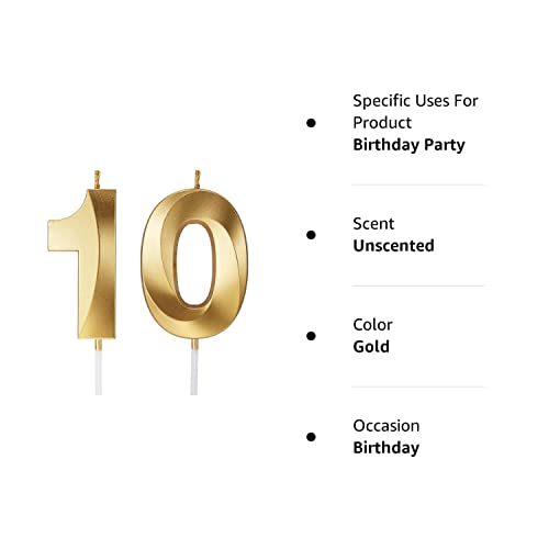 10th Birthday Candles Number 10 Candles Numerals for Cakes Happy Tenth Birthday 3D Designed 10th Wedding Anniversary Party Cake Topper Decorations (10, Gold)