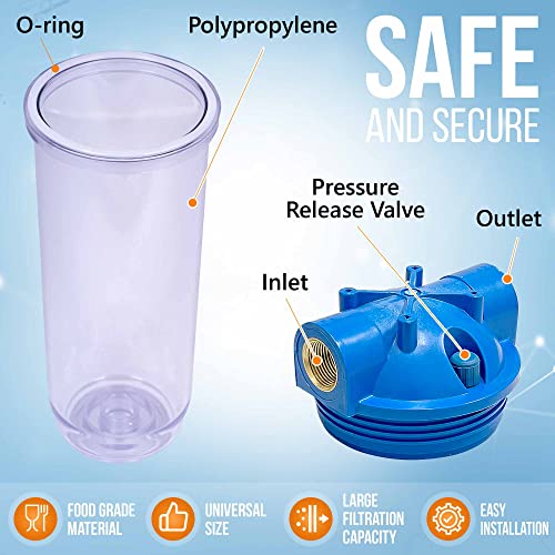 10 Inches Transparent Standard Whole House Water Filter System with Presser Relief Valve, 3/4β Inlet/Outlet Brass Port and Yearly Supply (3) Block Activated Carbon Cartridges 5 Micron