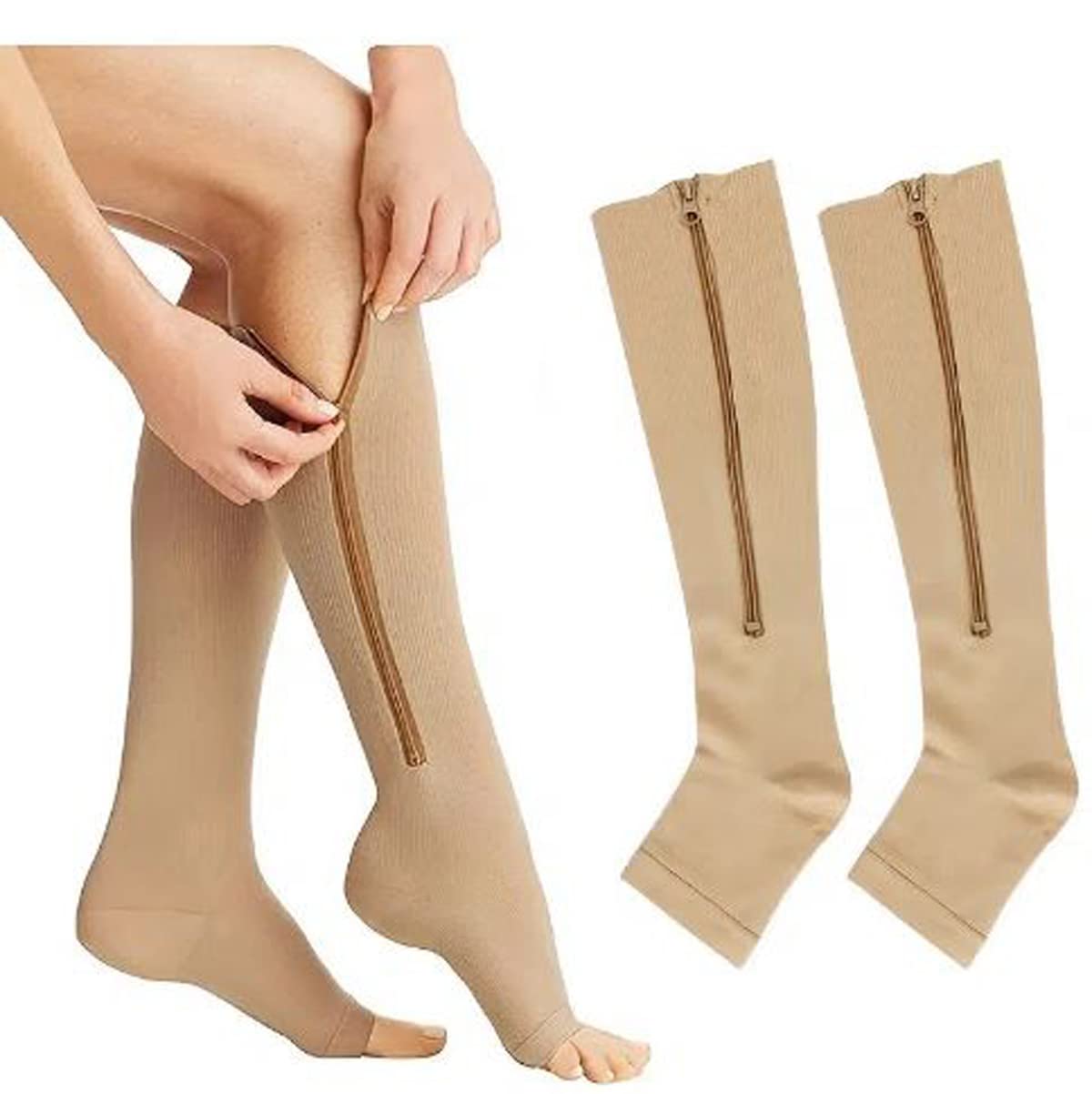 1 Pair Open Toe Compression Socks Toeless Leg Support Stocking Knee High Socks with Zipper For Men and Women (as1, alpha, l, x_l, regular, regular, Black)