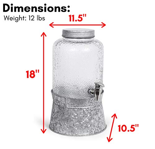 BirdRock Home 2.5 Gallon Pebbled Glass Beverage Dispenser with Galvanized Stand - Lid - Spigot - Decorative Round Jar for Drinks - Lemonade Sangria Tea Water Drink Jar Jug - Home Parties