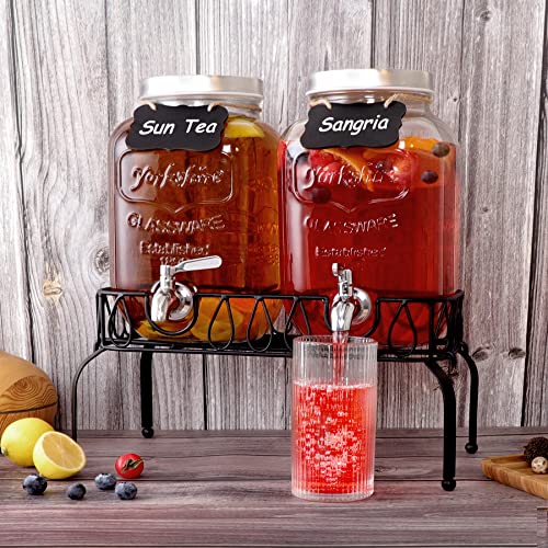 1 Gallon Beverage Dispenser with Stand, 18/8 Stainless Steel Spigot- [2 Pack] Airtight & Leakproof Glass Sun Tea Jar with Anti-Rust Lids, Drink Dispensers for Parties - Laundry Detergent Dispenser