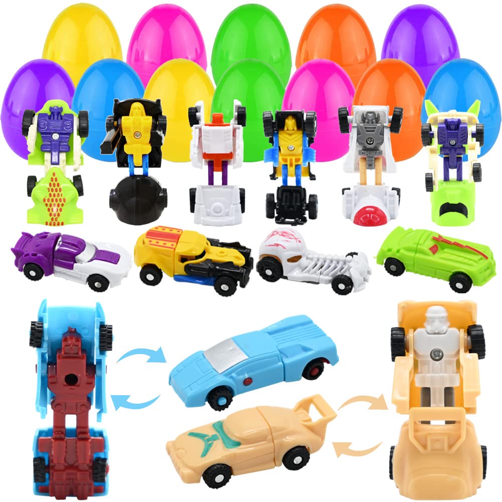 12 Packs Easter Eggs Filled with Deformation Cars Toys, 2.8" Plastic Surprise Eggs Prefilled with Transform Car Robot Toys for Kids Easter Egg Hunt, Easter Basket Filler, Easter Party Favor Event