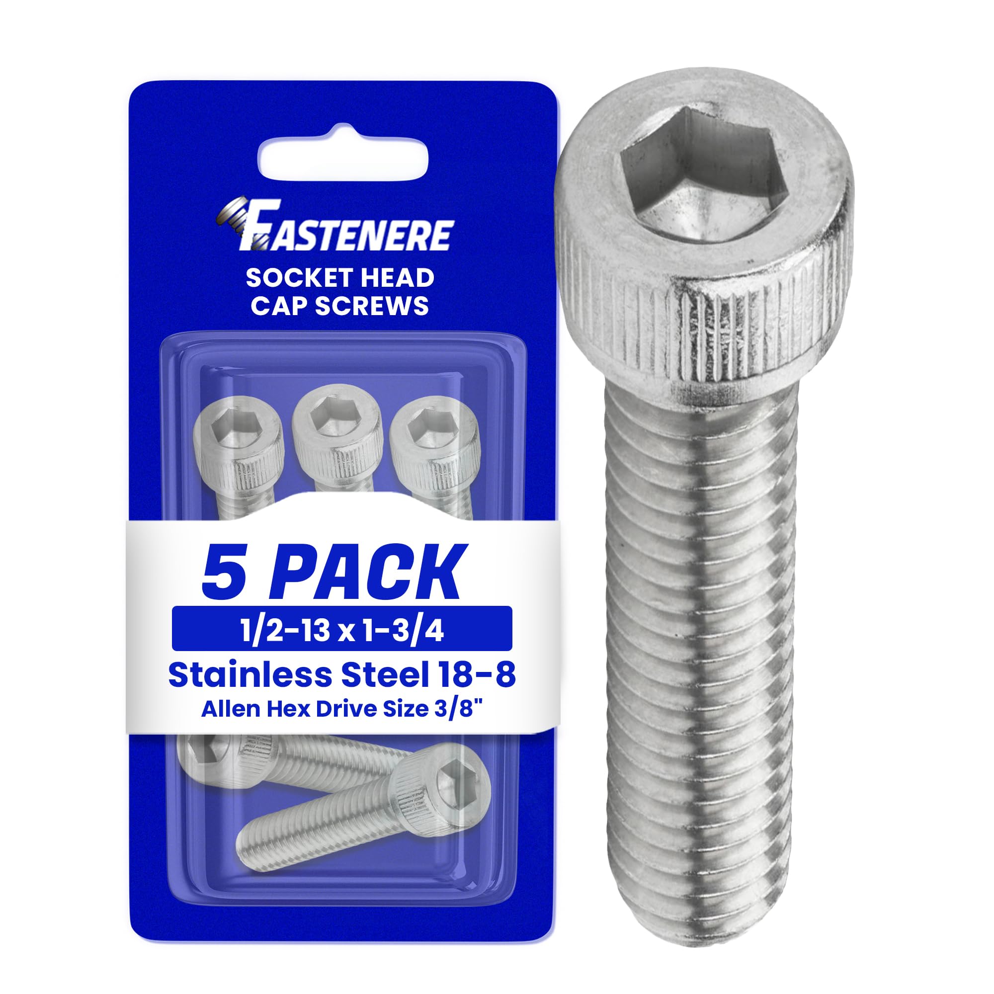 1/2-13 x 1-3/4 Socket Head Cap Screws, Full Thread, Allen Socket Drive, Stainless Steel 18-8, Bright Finish, Quantity 5 Pieces by Fastenere
