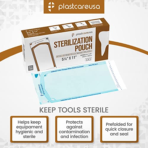 200 5.25 x 10 Self-Sterilization Pouches for Cleaning Tools, Autoclave Sterilizer Bags for Dental Offices, Pouch for Dentist Tools, 200 Pouches, 1 Box of Paper Blue Film