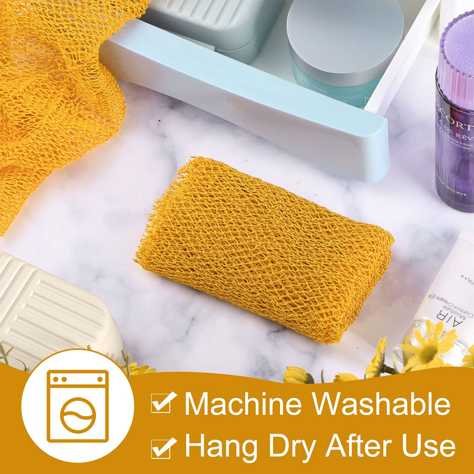 2 Pieces African Net Bath Sponge African Exfoliating Long Body Scrubber Tight Weave Beauty Skin Smoother Tower Bath Cloth Porous Stretches Back Washcloths for Daily Use or Stocking Stuffer (Yellow)