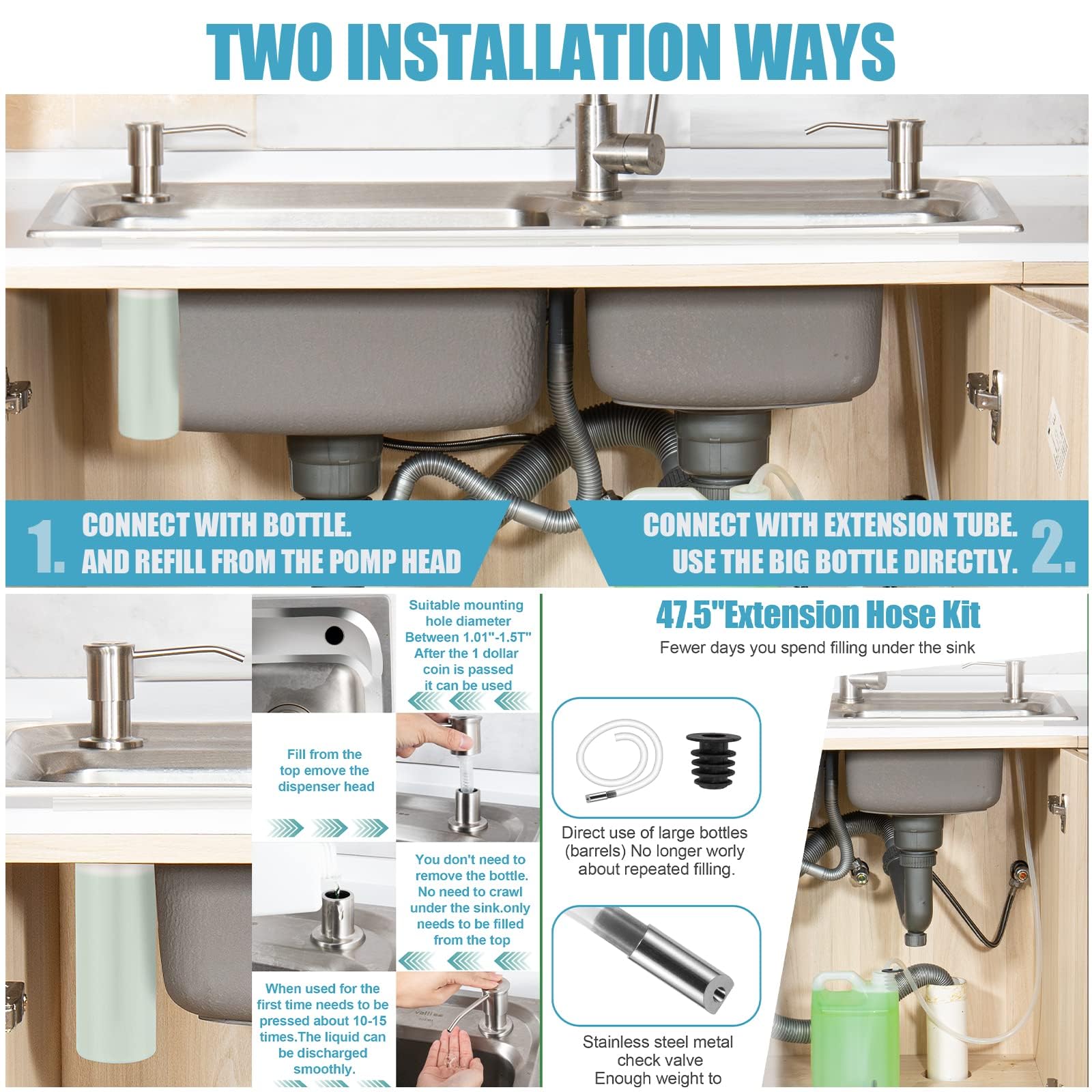 1 Pcs Sink Soap Dispenser Pump Set, Built-in Soap Dispenser for Kitchen Sink, Countertop Under Sink Soap Dispenser with 47in Extension+3.2in Spout+17oz Bottle,Longer Thread Shaft,Without Large Bottle
