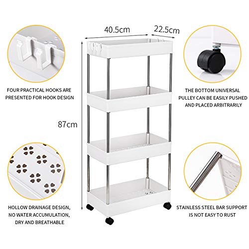 4-Tier Rolling Cart on Wheels, Mobile Slim Rolling Cart with Hooks, Multi-Functional, Suitable for Kitchen, Bathroom, Laundry Room Narrow Place, Plastic and Stainless Steel, White (16L x 8.7W x 34.5H)