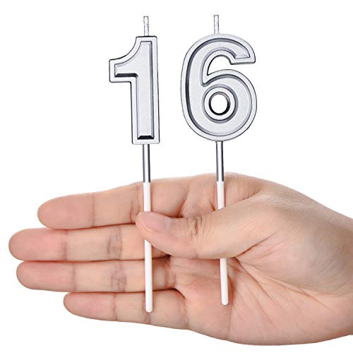 16th Birthday Candles Cake Numeral Candles Happy Birthday Cake Candles Topper Decoration for Birthday Wedding Anniversary Celebration Supplies (Silver)