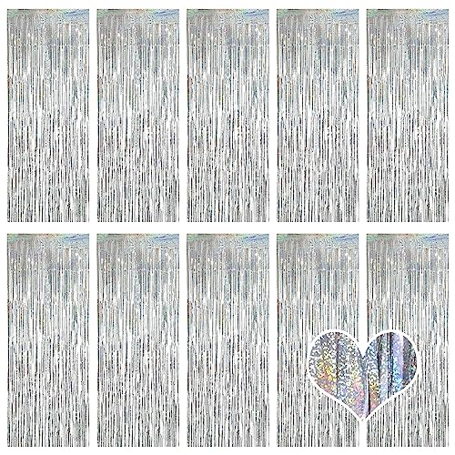 10 Pack Silver Backdrop Curtain 3.2ft x 8.2ft Metallic Tinsel Foil Fringe Curtains Photo Booth Background for Birthday Party Decoration Baby Shower Engagement Wedding Christmas Decoration (Silver)
