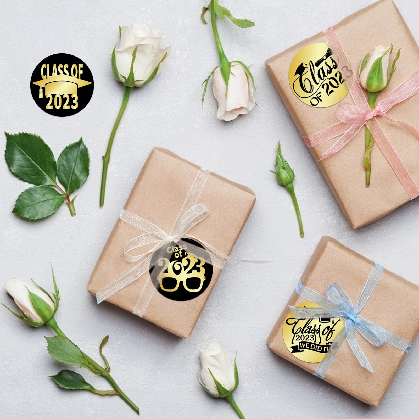 2023 Graduation Stickers, 240 Pieces Class of 2023 Grad Circle Stickers, Graduation Envelope Seals Candy Label Stickers (12 Design) - Black Gold