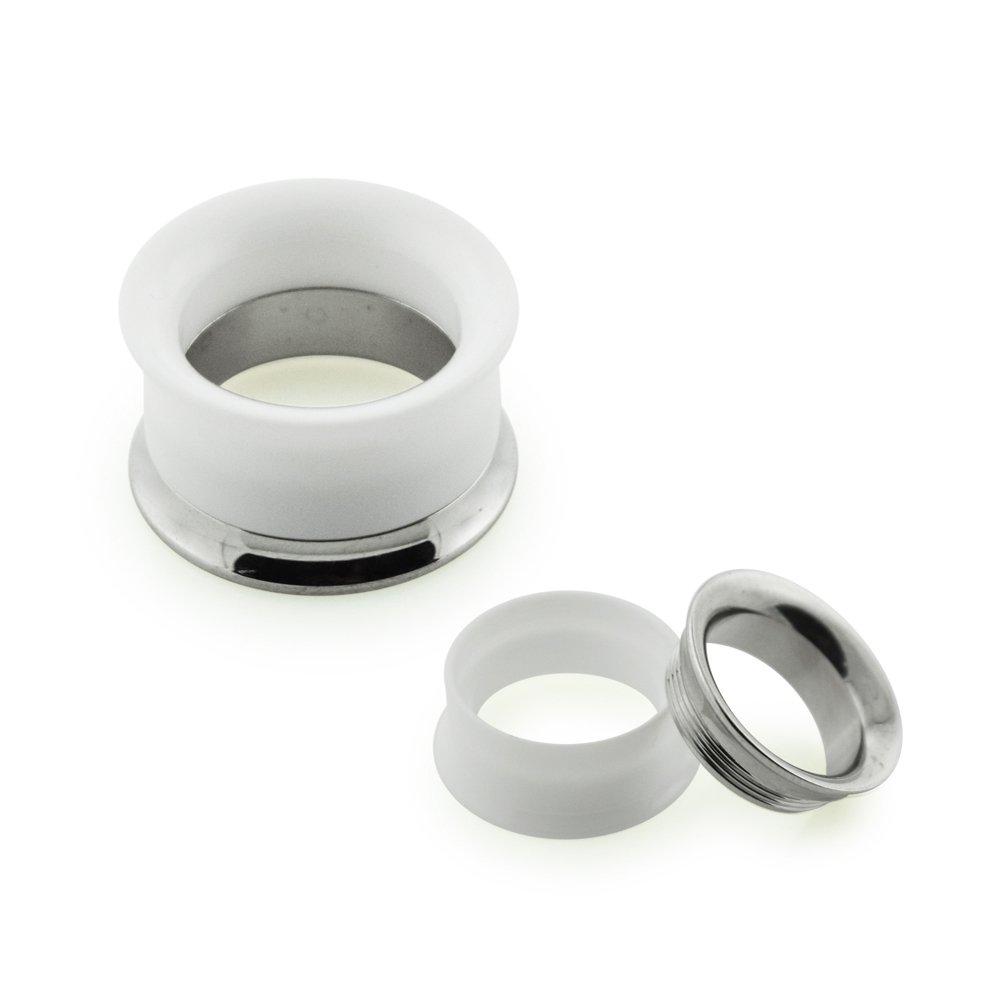 1 Piece of 1/2 Inch - 12mm 2 Tone Solid White Acrylic with 316L Surgical Steel Internally Threaded Ear Gauge Flesh Tunnel