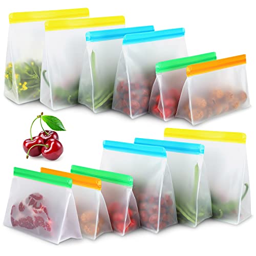 12 Pack Reusable Food Storage Bags, FDA Food Grade Ziplock Leak proof 4 Reusable Sandwich Bags 3 Gallon Bags 5 Snack Bags Easy Wash Eco-Friendly Freezer Safe Bags For Meat Fruit Vegetable