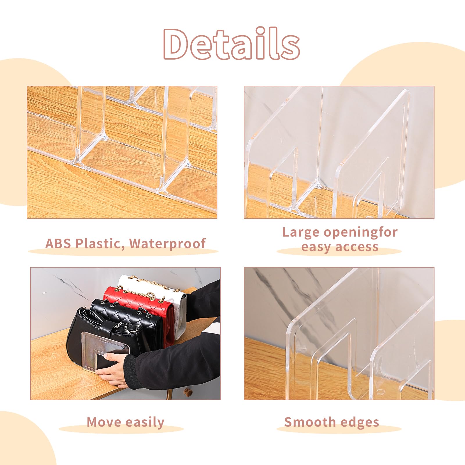 1 Pack Clear Plastic Purse Handbag Organizer 4 Sections Bag Closet Shelf Divider Purse Display Stand Handbag Storage Organizer Clear Desk File Sorter Stand Holder Bookshelf 13 x 6 x 5 Inches
