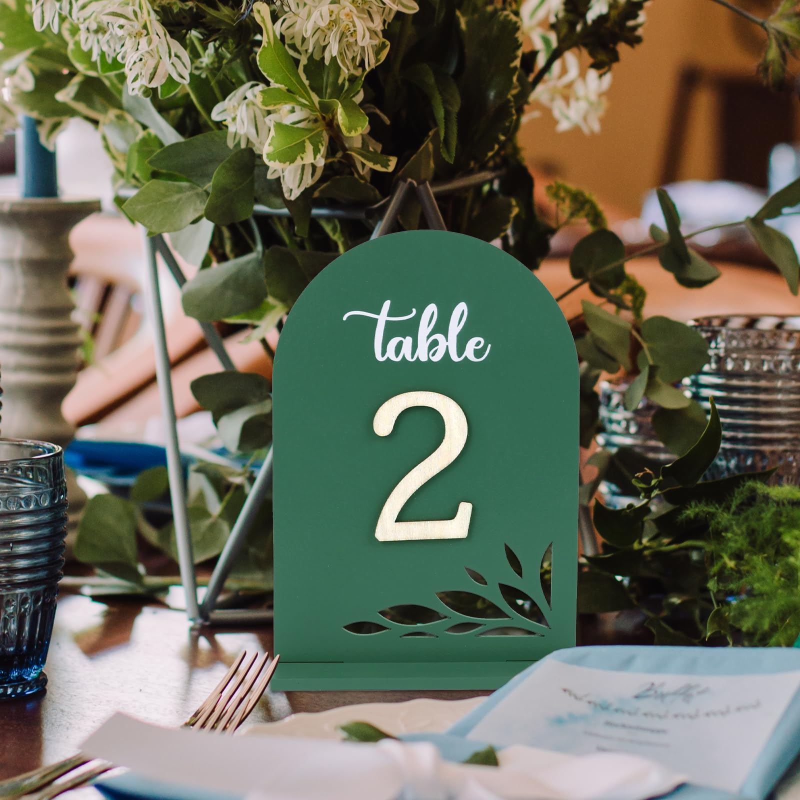10 Pcs Wedding Table Number Wooden Arch Wedding Reception Number Centerpiece Set 5" X 7" Tables Number Sign with Wooden Base Rustic Country Wedding Olive Green Wedding Party Decor