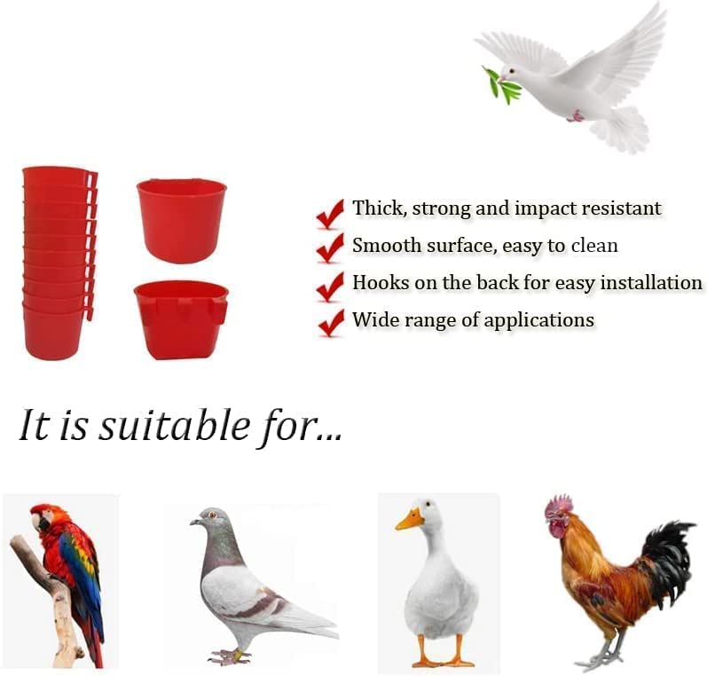 12pcs Bird Feeder Cage Cups Hanging Chicken Water Cups Pet Bowl with Hooks Rabbit Food Dish for Cages Plastic Feeding & Watering Supplies for Pigeon Poultry Roosters Gamefowl Parakeet (12PCS-Red)