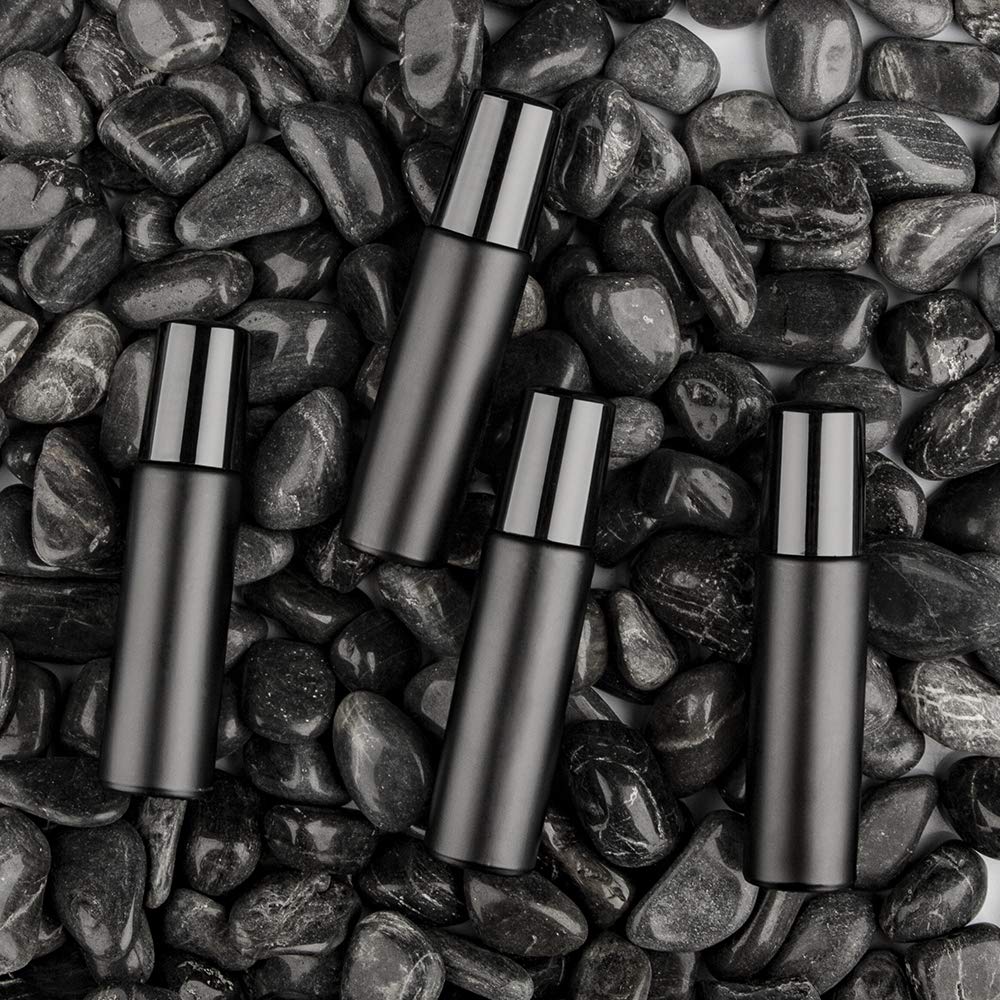 20PCS Roller Bottles 10mL Essential Oil Ultra Thick Matte Black Frosted Glass (2 Openers+3 Pipettes Value Pack), Stainless Steel Roller Balls w/Black Cap