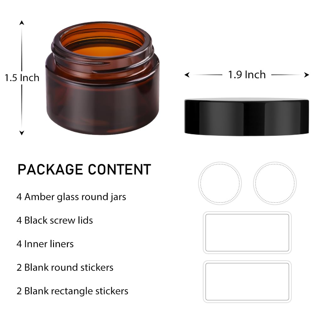 1 oz Glass Jars with Lids, Bumobum 4 pack Small Jars Amber with White Labels & Inner Liners, 30 ml Empty Round Cosmetic Containers for Sample, Powder, Cream, Lotion, Spice