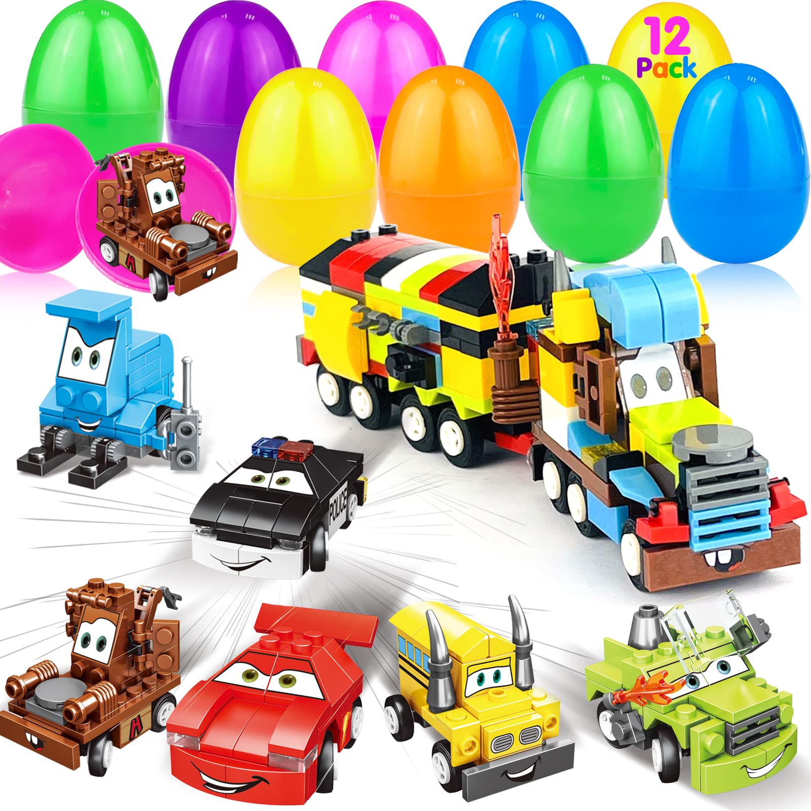 12 Pack 3" Large Filled Easter Eggs with Stem Toy Cars Kids Easter Basket Stuffers Plastic Surprise Egg Building Blocks 6 in 1 Transform Construction Vehicle Easter Toy Boys Girl Egg Hunt