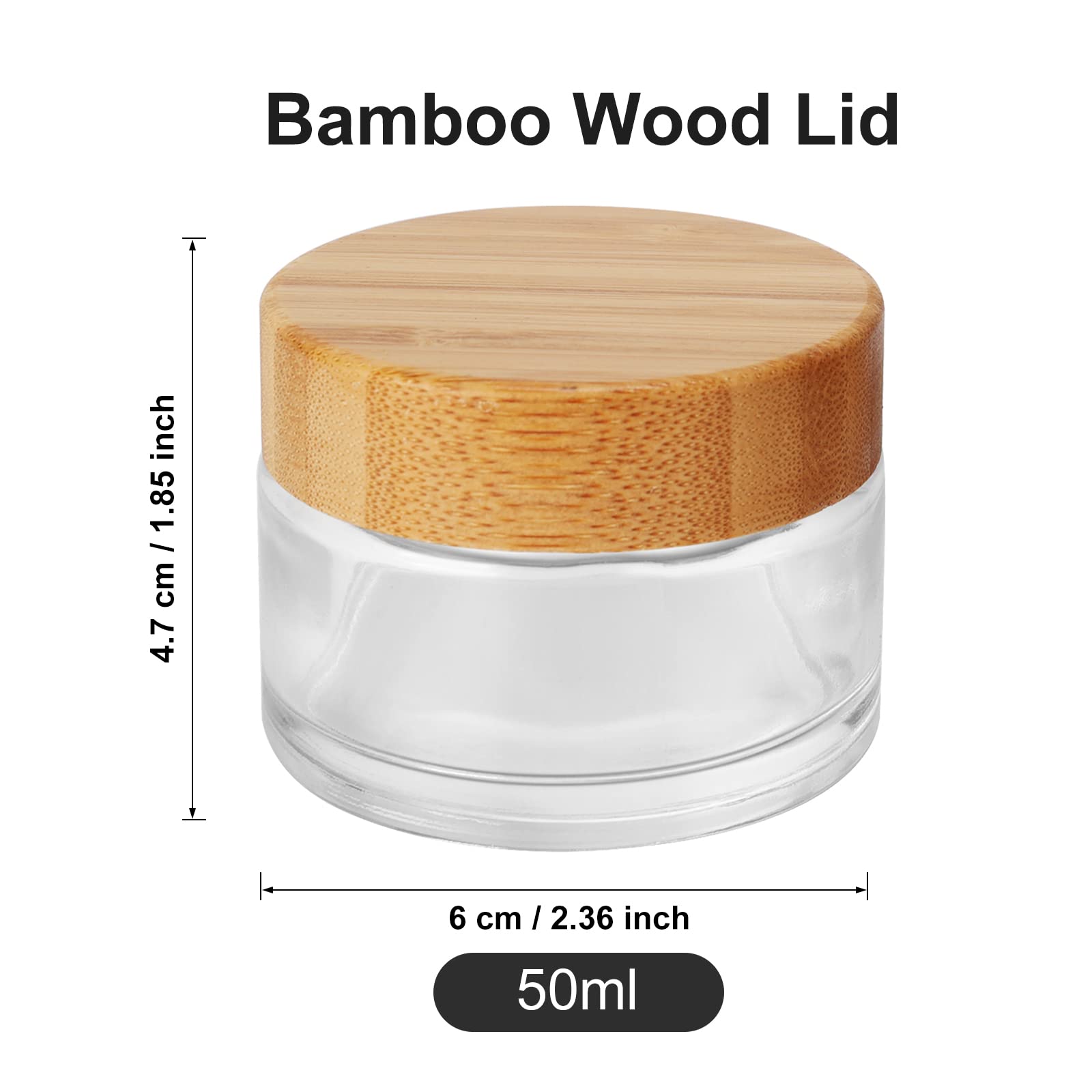 1.7 OZ/50 ML Clear Round Glass Jars with Bamboo Wood lids and Inner Liners, Travel Glass Jars, Refillable Cosmetic Containers for Lip Balm, Ointments, Lotion, Makeup, Eyeshadow, Slime, Paint and