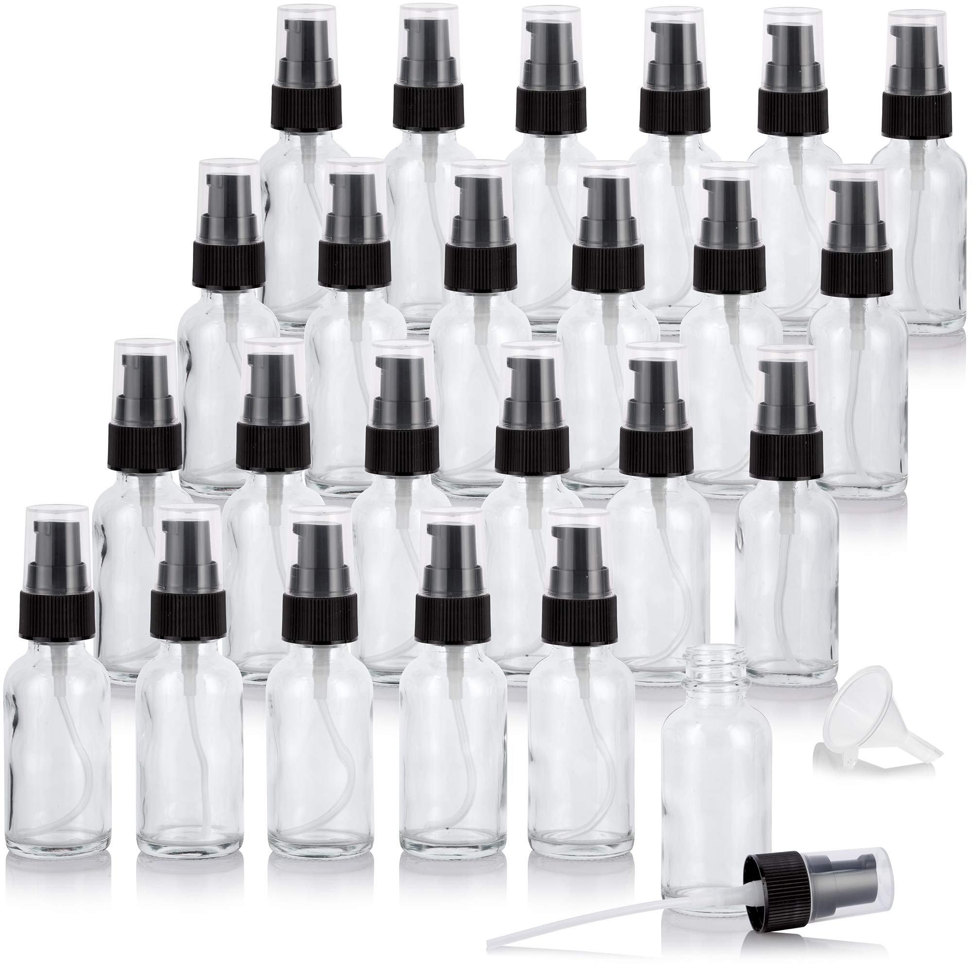 1 oz / 30 ml Clear Glass Boston Round Bottle with Black Treatment Pump + Funnel (24 Pack)