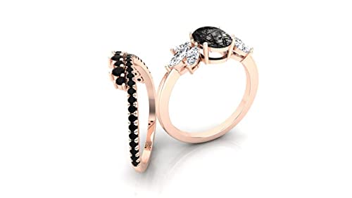 1.75 ct Oval Cut Black Rutilated Quartz Engagement Ring Set Bridal Rings 14K Rose Gold Over
