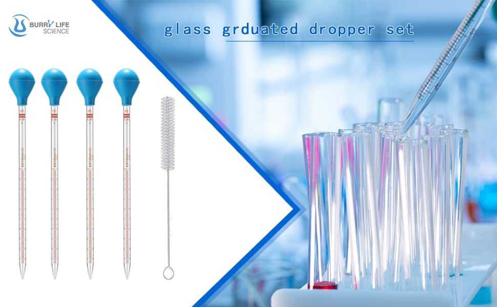 10ML Glass Graduated Droppers Pipettes Dropping Pipettes Fluid and Liquid Pipettors with Big Rubber Caps 4 Pcs