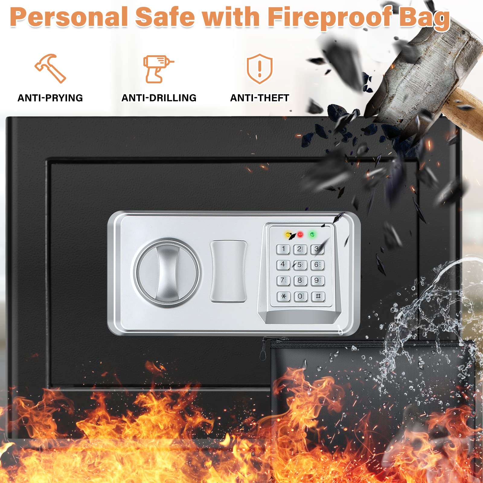 1.8 Cubic Fireproof Safe for Home Use, Digital Home Safe Fireproof Waterproof with Fireproof Document Bag & Removable Shelf, Fire Safe Box Fireproof Waterproof for Money Firearm Medicine A4 Document