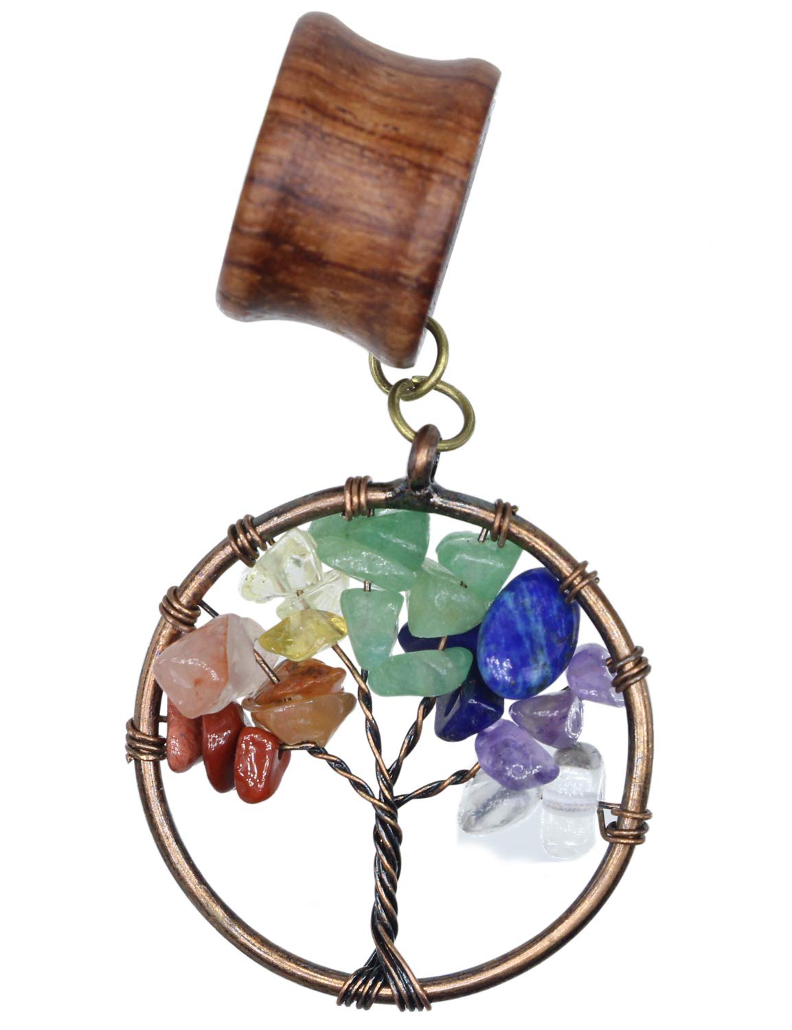 00G 10mm 7 Chakra Tree of Life Wood Dangle Ear Gauges Piercing Flesh Tunnels Plugs Stretching Kit Expander