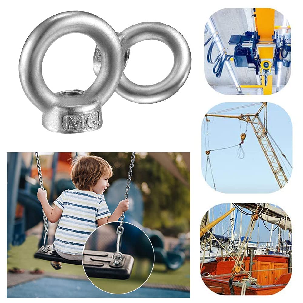 10 Pcs M6 Lifting Eye Nut Lifting Ring Eyebolt Nuts Silver 304 Stainless Steel Ring Shape Lifting Eye Nut for Lifting Accessories Rope Fitting
