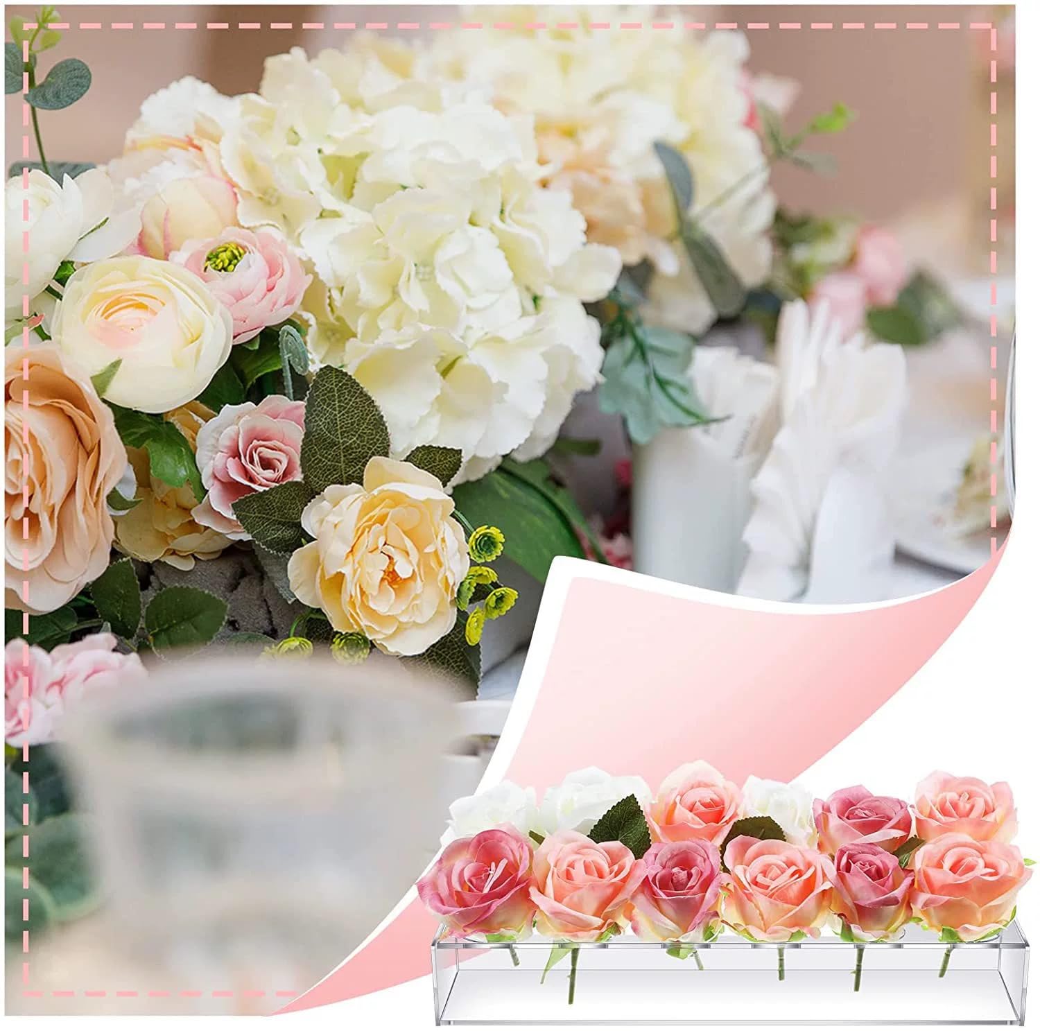 1 Pack Clear Acrylic Flower Vase Rectangular Floral Centerpiece for Dining Table, Home, Weddings Decor, 11.8 Inches Long Acrylic Vase with 12 Holes for Flowers