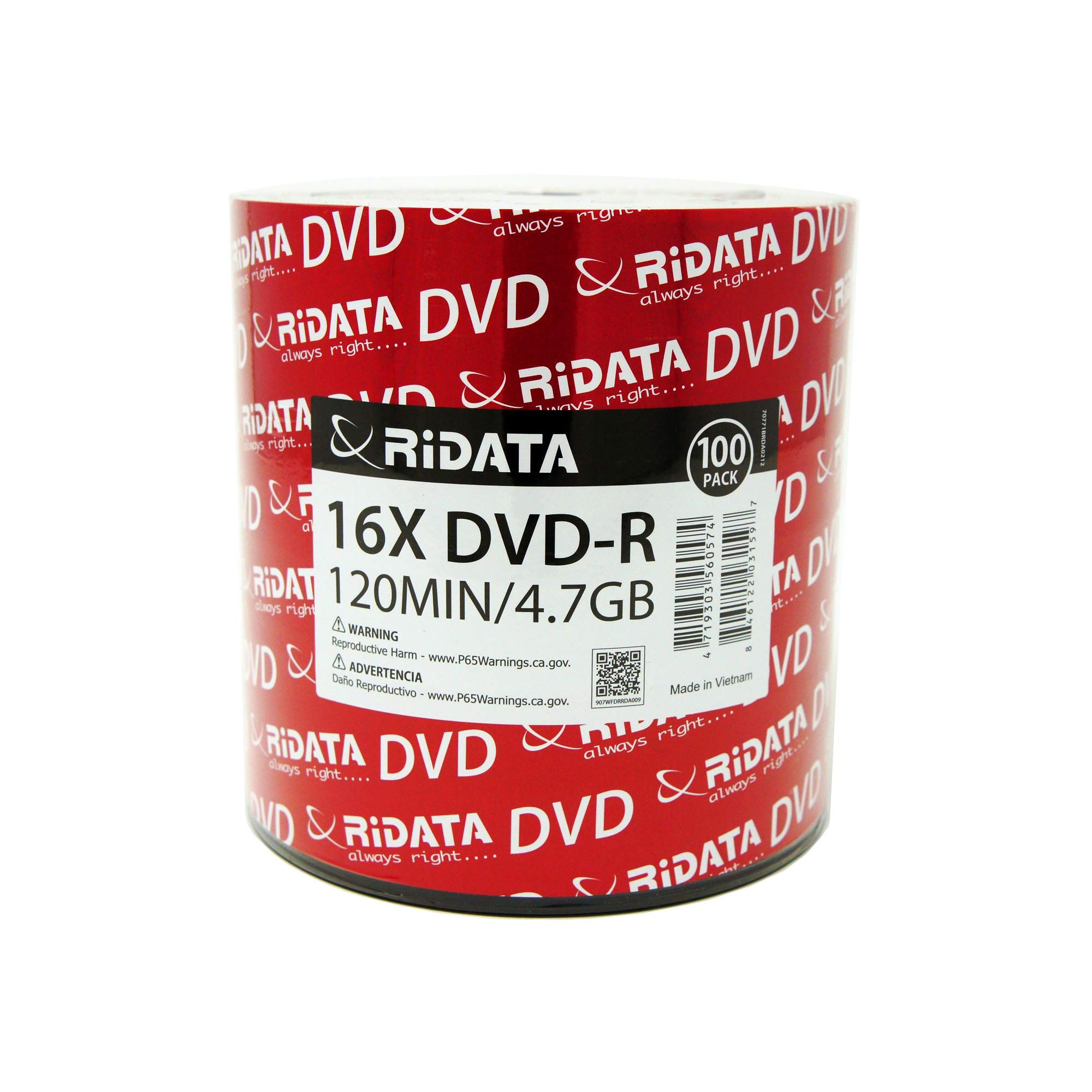100 Pack Ridata DVD-R 16X 4.7GB 120 Min Silver Logo Top Blank Data Video Media Recordable Disc