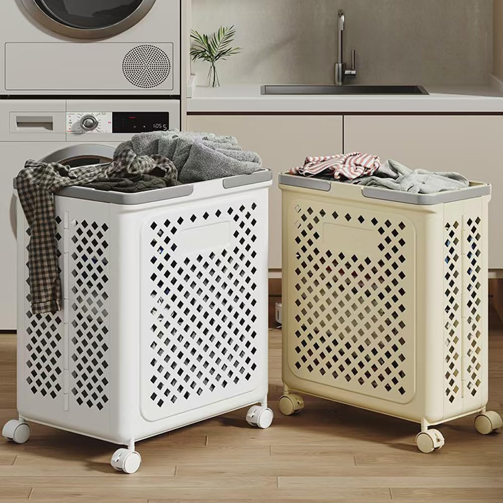 1 Large Laundry Basket, with Wheels Laundry Hamper Large Capacity Foldable Laundry Basket, Multi Functional Organizerused for bathroom, balcony, and home tidying (white)