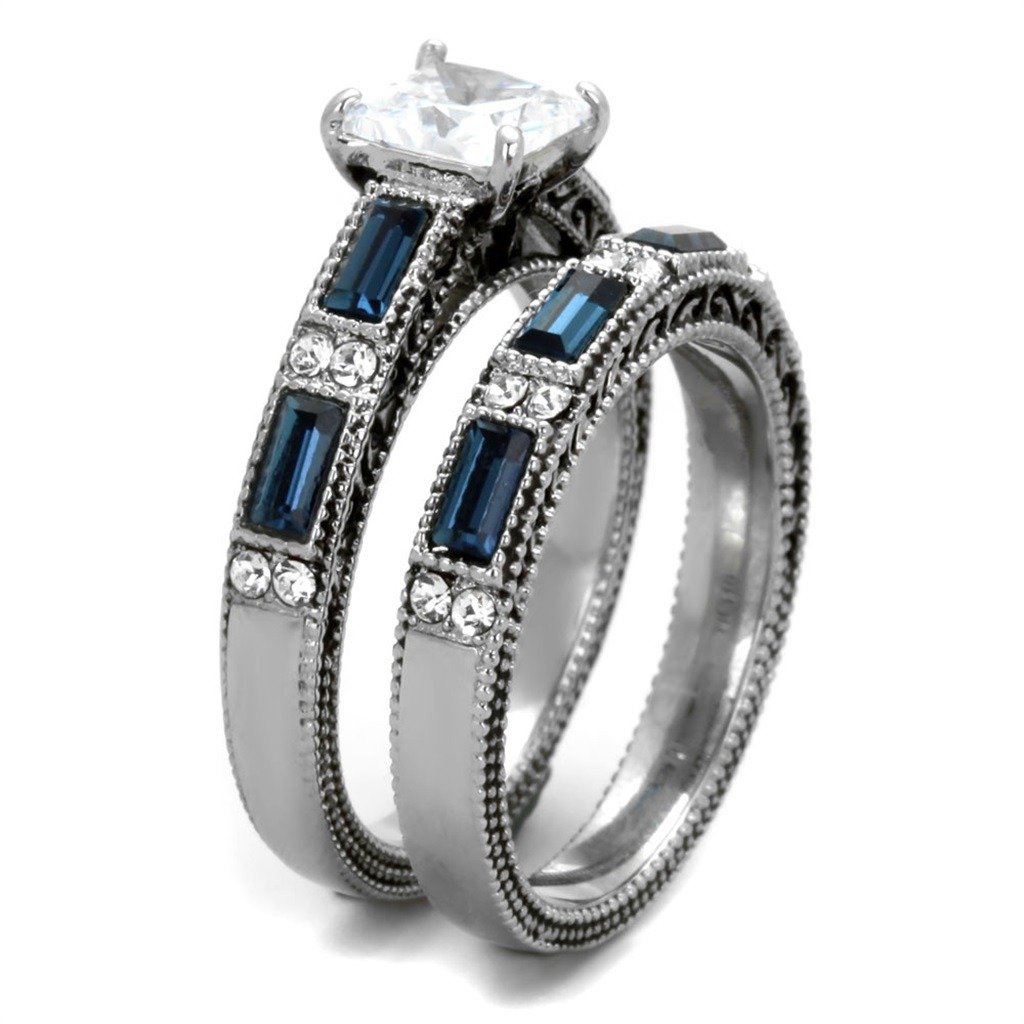 1 Carat Princess Cut CZ/Deep Blue CZ Women's Stainless Steel Wedding Ring Set- Size 10