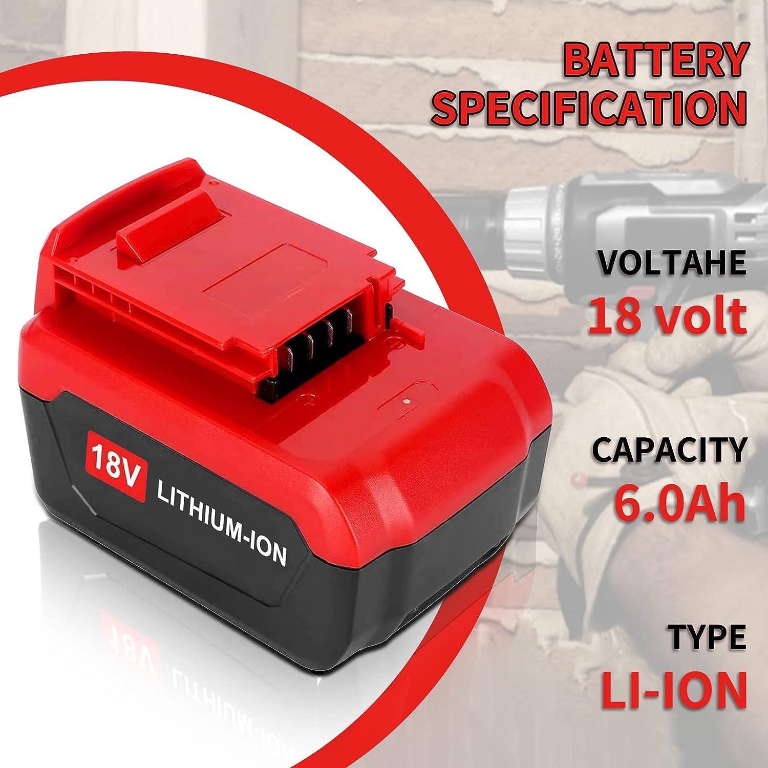 1 Pack 6000mAh PC18B 18 Volt Lithium Replacement Battery Compatible with Porter Cable 18V Battery PCC489N PCXMVC PC18BL PC18BLX PC18B-2 Cordless Power Tools Batteries