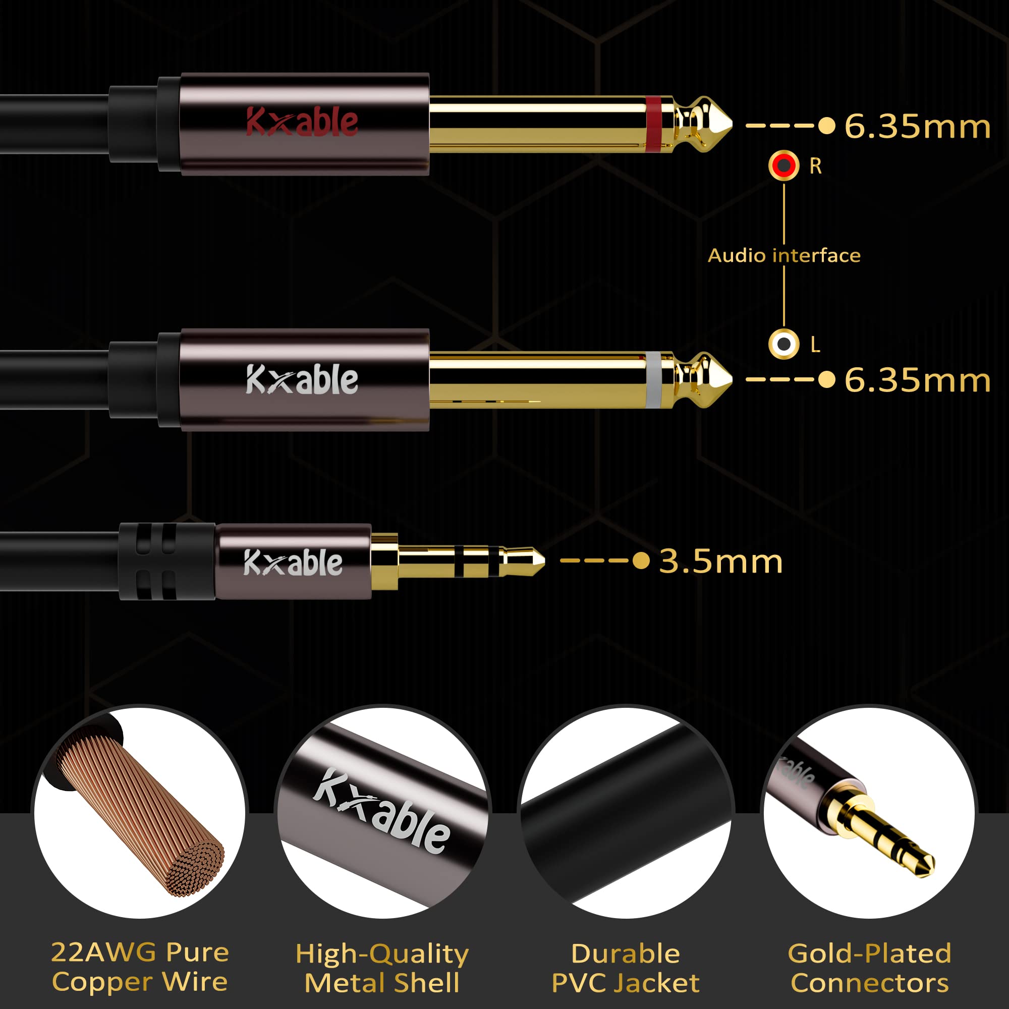 1/8 to Dual 1/4 Stereo Cable 4 Feet (2 Pack), 3.5mm TRS to 2 x 6.35mm TS Mono Y Splitter Audio Cord Adapter, Oxygen-Free Copper, OD:5.0MM, for PC, Mixer, Speaker, Home Stereo System with 5 Cable Ties
