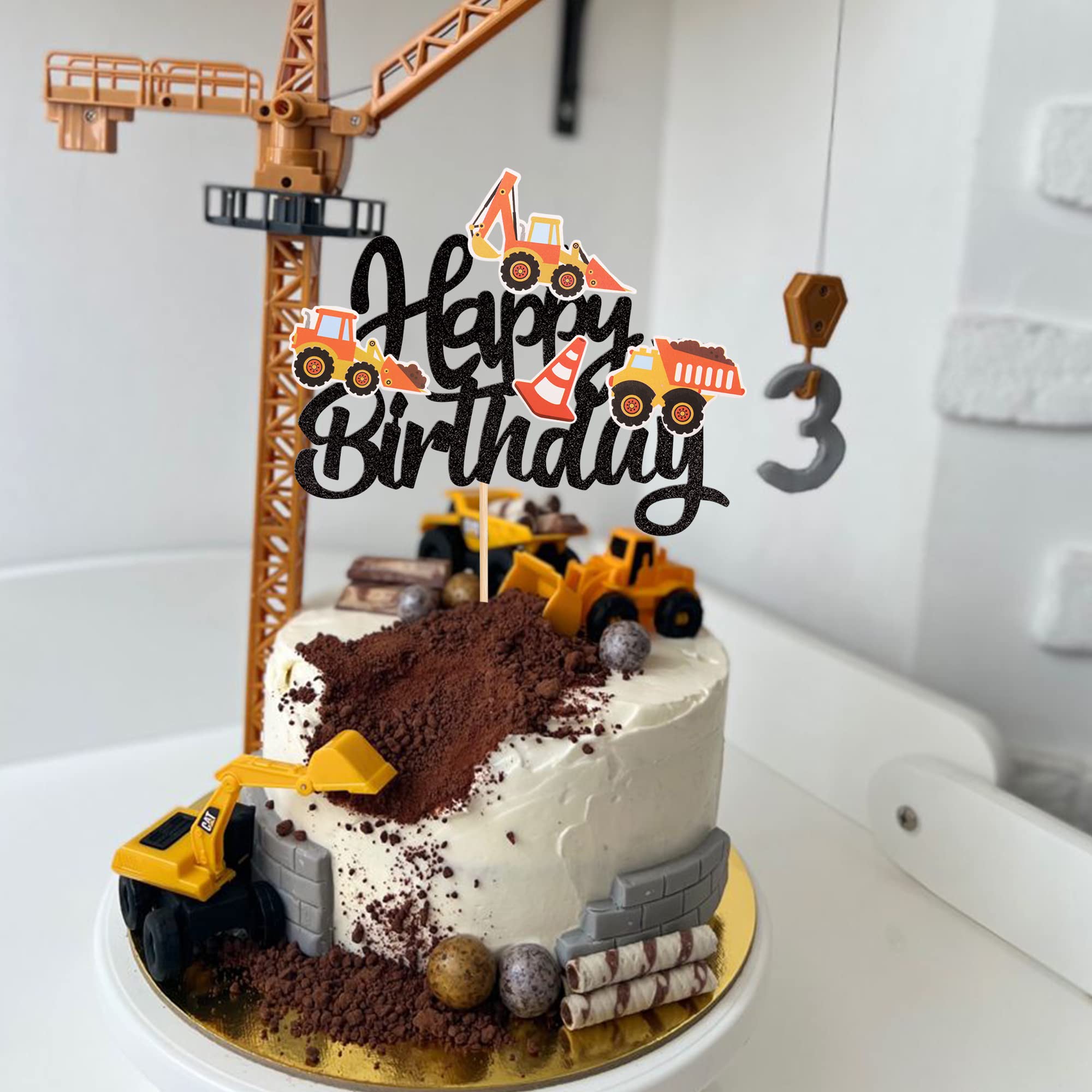 1 PCS Construction Happy Birthday Cake Topper Glitter Construction Cake Pick Dump Truck Excavator Tractor Cake Decorations for Construction Theme Baby Shower Kids Birthday Party Supplies Black