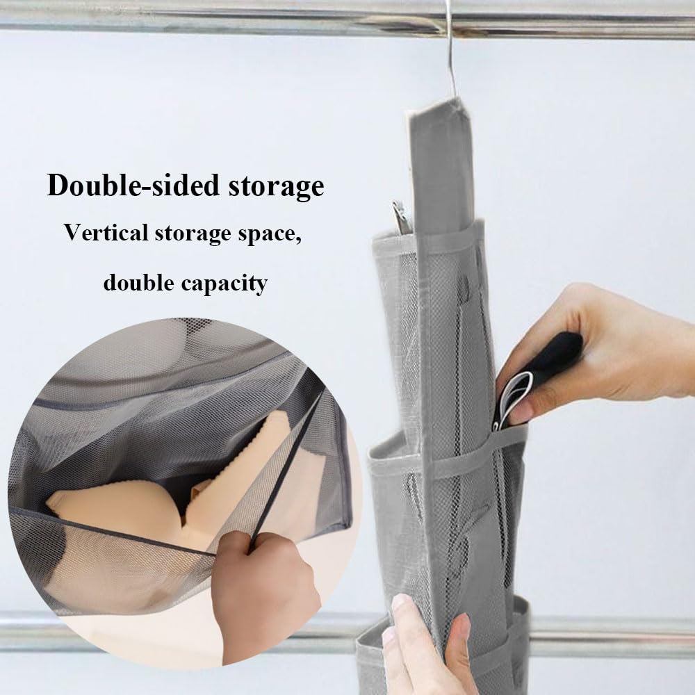 1 Pack Dual Sided Closet Hanging Organizer with Mesh Pockets & Metal Hanger, Wall Shelf Wardrobe Hanging Storage Bag for Bra Socks Underwear Storage, Space Saving Closet Hanging Shelves Storage(Grey)