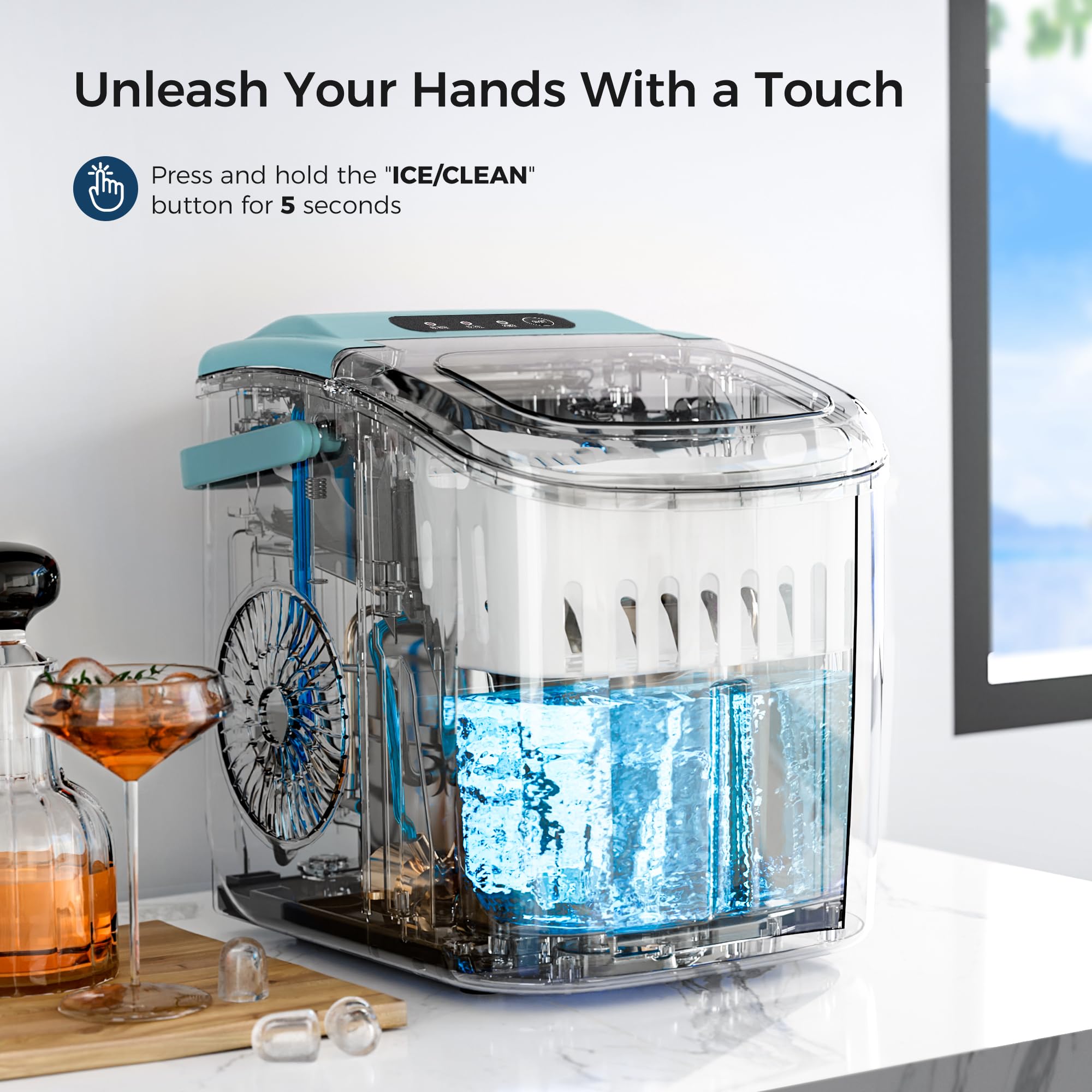 AGLUCKY Ice Makers Countertop,Portable Ice Maker Machine with Handle,Self-Cleaning Ice Maker, 26Lbs/24H, 9 Ice Cubes Ready in 8 Mins, for Home/Office/Kitchen (Green)