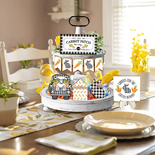 10 Pcs Easter Tiered Tray Decor- Carrot Bunny Wood Sign Decoration Rustic Farmhouse Easter Table Decor with 2 Pcs Small Stand for Home Kitchen Living Room, Dining Table, Easter Party Desk