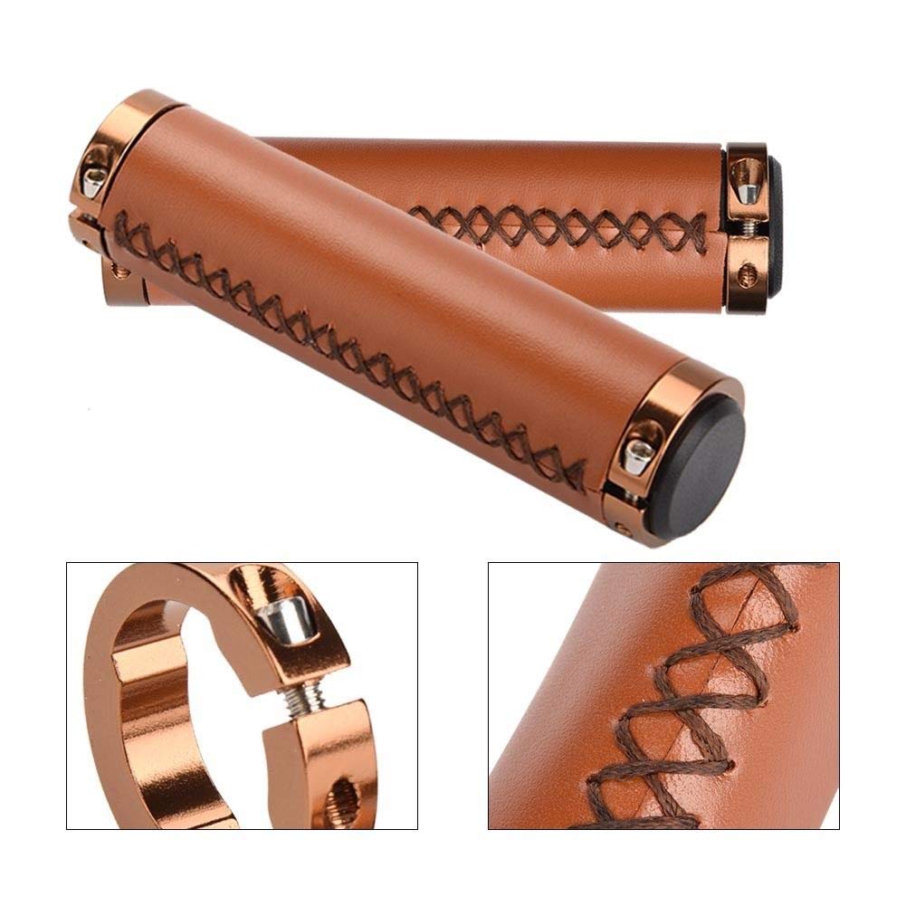 1 Pair Mountain Bike Lock-on Faux Leather Non-Slip Bicycle Handlebar Grips,Perfect Bike Accessories Brown