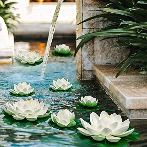 16Pcs Artificial Floating Pool Flowers, Ivory White Plastic Lotus Flower with Water Lily Pads, Pond Pool Lotus Ornaments for Patio Garden Aquarium Home Party Wedding Decor