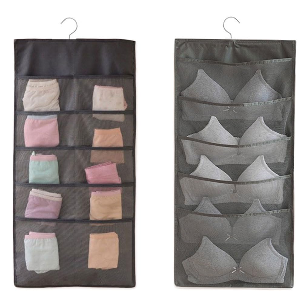 1 Pack Dual Sided Closet Hanging Organizer with Mesh Pockets & Metal Hanger, Wall Shelf Wardrobe Hanging Storage Bag for Bra Socks Underwear Storage, Space Saving Closet Hanging Shelves Storage(Grey)