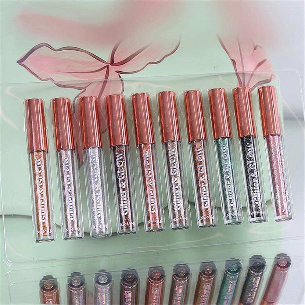 10 Colors Dazzling Glitter Liquid Eyeshadow Metallic Shiny Shimmer Long Lasting Waterproof Highly Pigmented Glow Eye Shadow Kit Sparkle Diamond Pearlescent Eye Makeup Cosmetic