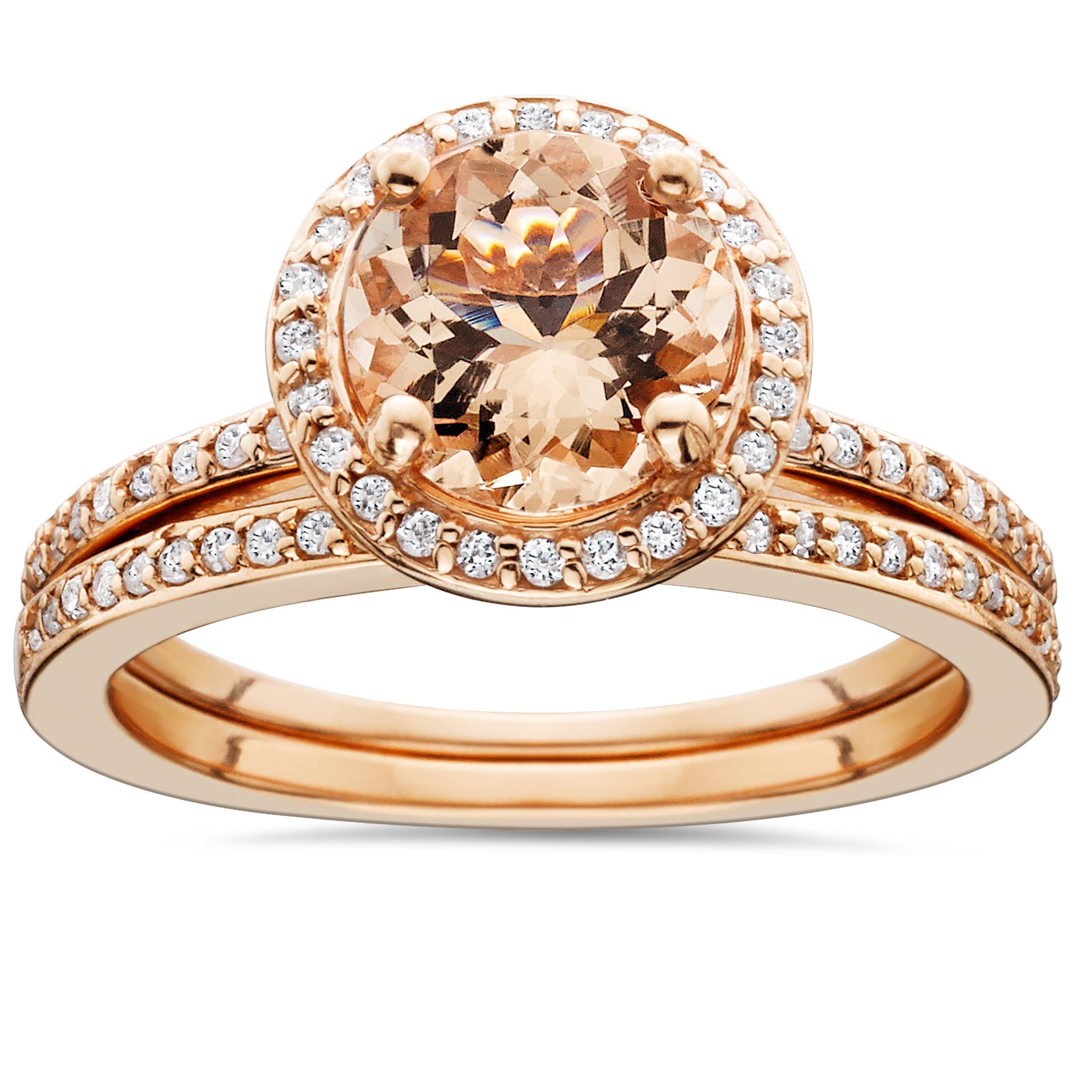 1 3/4 Carat Morganite & Diamond Halo Engagement Wedding Ring Set 14K Rose Gold - Size 6.5