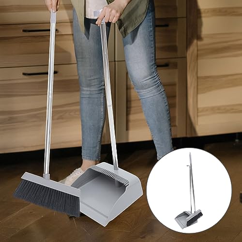 1 Set Broom and Dustpan Set with Long Handle Stainless Steel Kitchen Supple Bristle Brooms Stand Up Pan Home Cleaning Device for Home Household Floor Cleaning