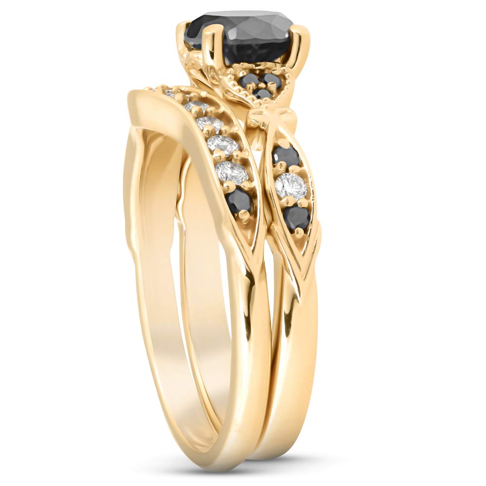 1 3/4 Ct Black & White Diamond Engagement Wedding Ring Set 10k Yellow Gold - Size 9