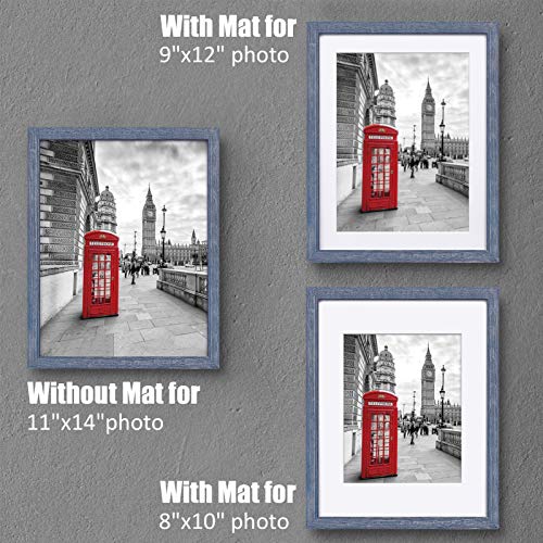 11x14 Rustic Blue Picture Frame Wooden Frame with 2 Mats for 8x10 or 9X12 Picture, 8x10 Picture Frame 9x12 Matted Picture Frame or 11x14 without Mat - Rustic Picture Frame 11x14 Wall Tabletop Display